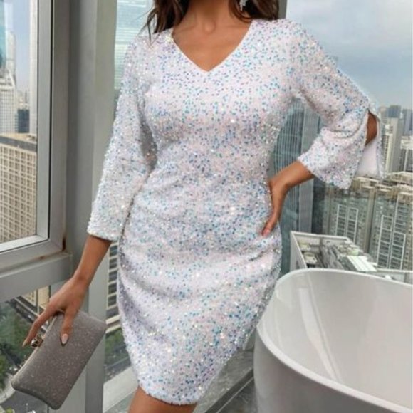 SHEIN | Dresses | White Color Changing Sequin Fitted Dress Prom Evening ...